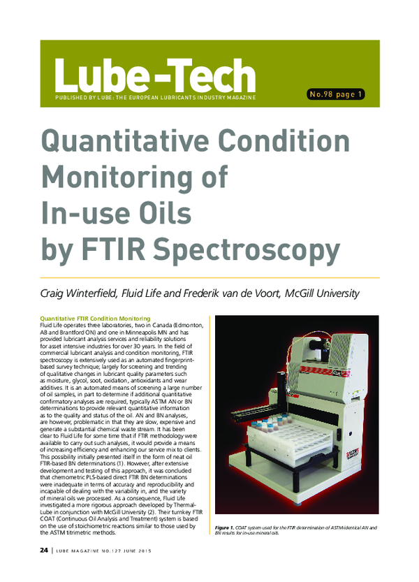 Pdf 213 2015 Quantitative Condition Monitoring Of In Use Oils By Ftir Spectroscopy