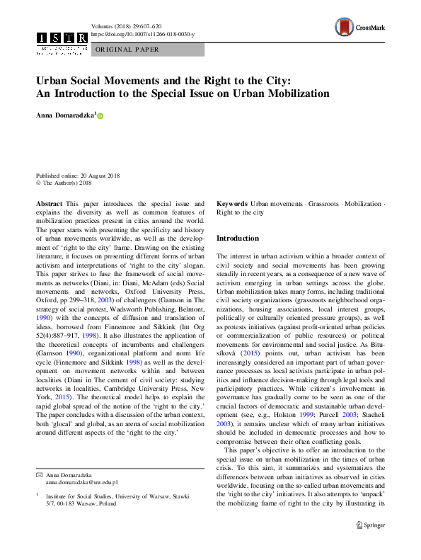 (PDF) Urban Social Movements and the Right to the City: An Introduction ...