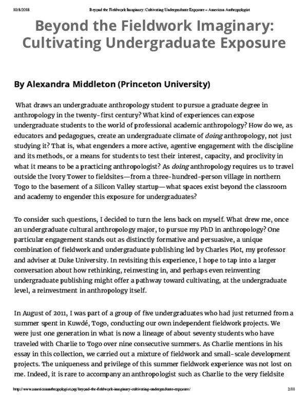 (PDF) "Beyond the Fieldwork Imaginary: Cultivating Undergraduate ...