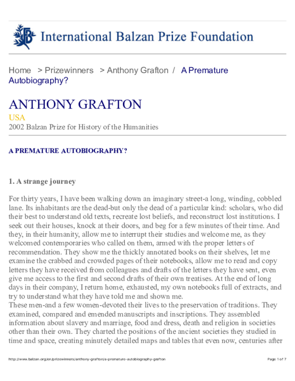 (PDF) Anthony Grafton, “A Premature Autobiography?” International ...
