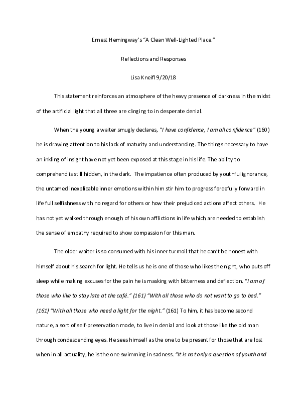 (DOC) Ernest Hemingway’s “A Clean Well-Lighted Place" Reflections and ...