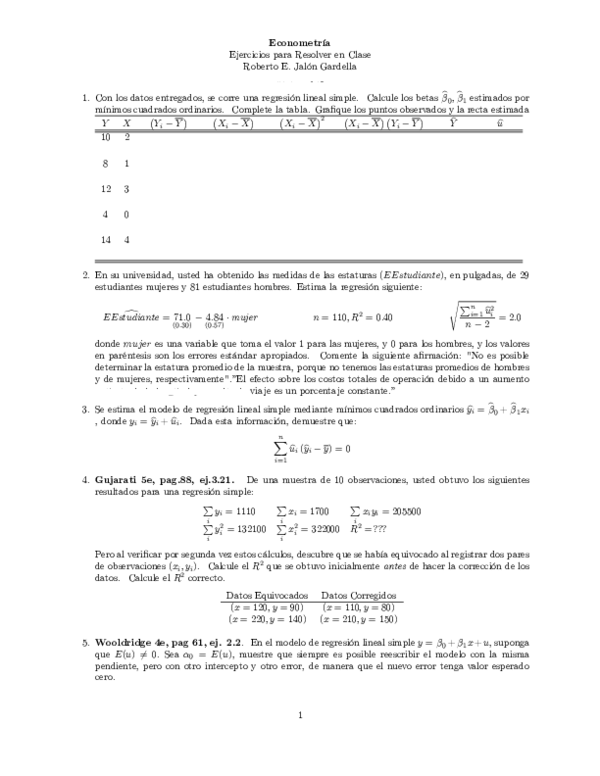 (PDF) Econometría Ejercicios para Resolver en Clase