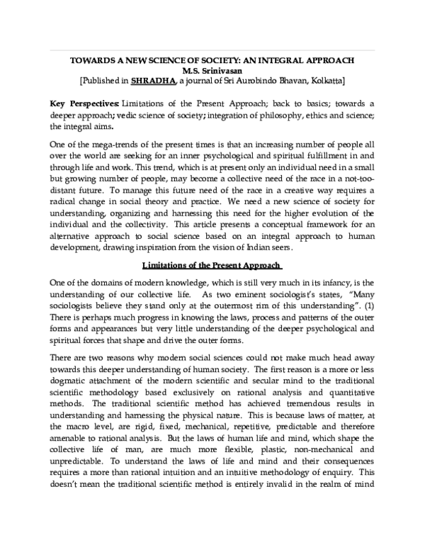 (DOC) TOWARDS A NEW SCIENCE OF SOCIETY: AN INTEGRAL APPROACH