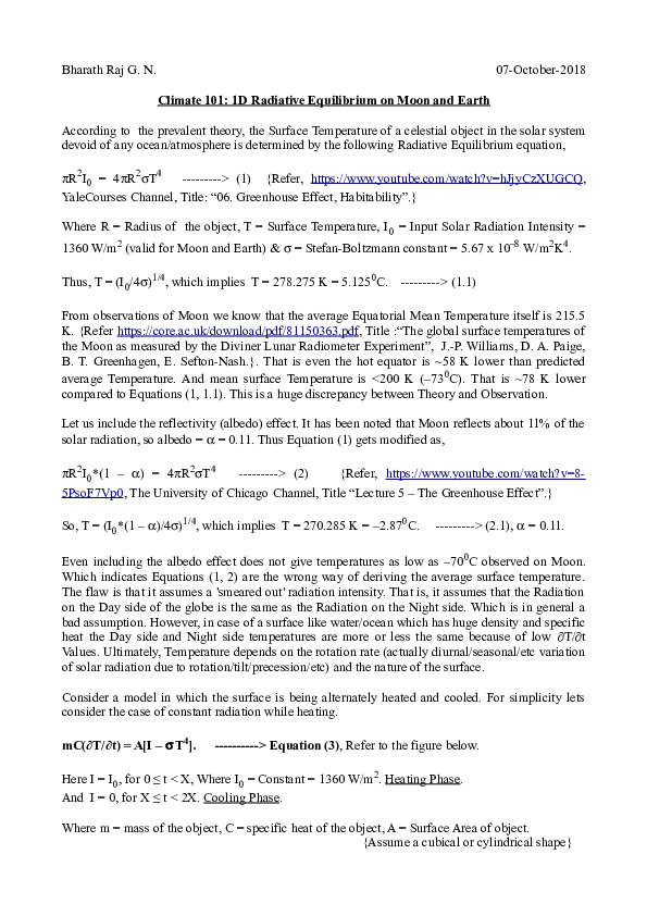 (PDF) Climate 101: 1D Radiative Equilibrium on Moon and Earth