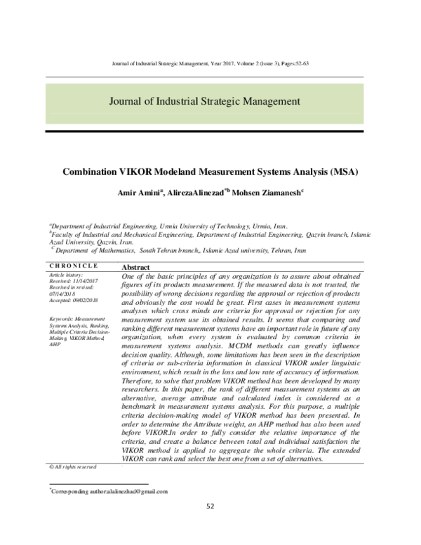 (PDF) Combination VIKOR Model and Measurement Systems Analysis (MSA)