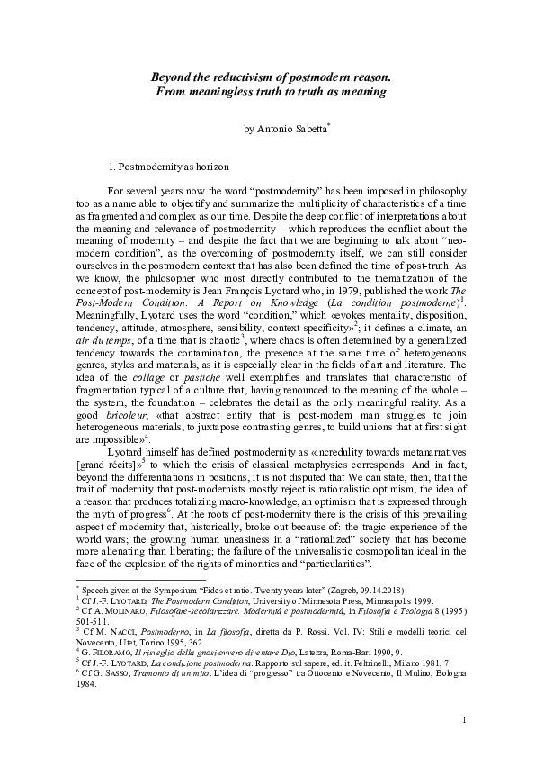 (PDF) Beyond the reductivism of postmodern reason. From meaningless ...