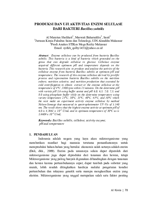 (PDF) PRODUKSI DAN UJI AKTIVITAS ENZIM SELULASE DARI BAKTERI Bacillus subtilis