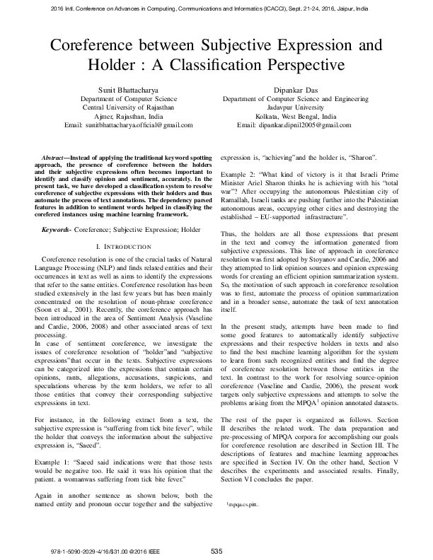 (PDF) Coreference between Subjective Expression and Holder : A Classification Perspective