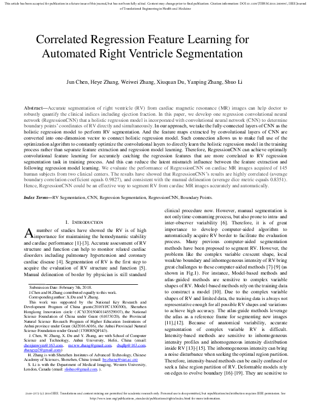 Pdf Correlated Regression Feature Learning For Automated Right Ventricle Segmentation