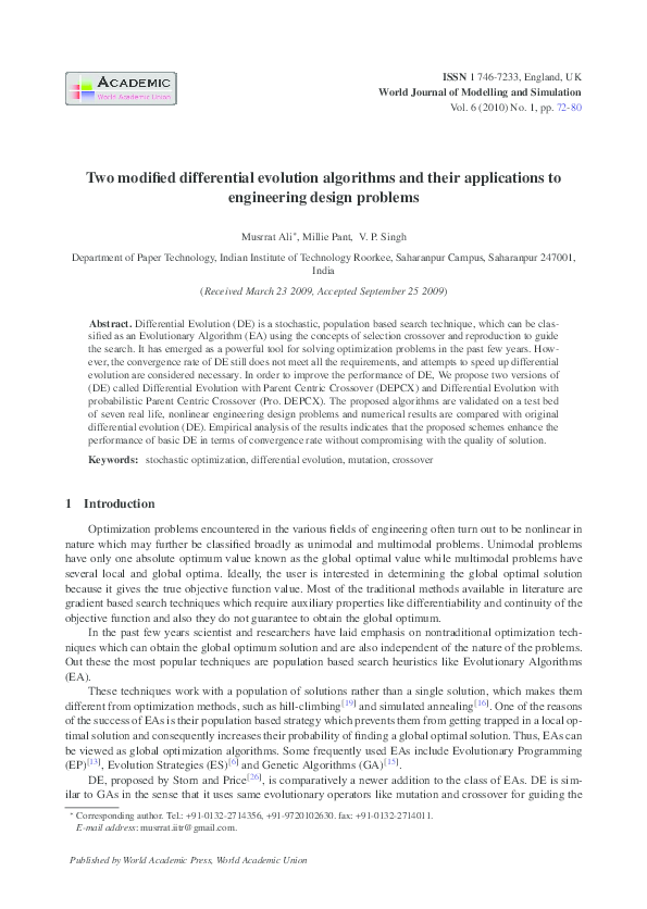 (PDF) Two modified differential evolution algorithms and their applications to engineering ...