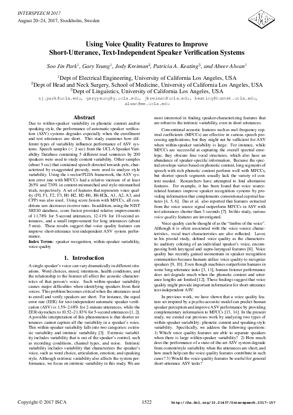 (PDF) Using Voice Quality Features to Improve Short-Utterance, Text-Independent Speaker ...