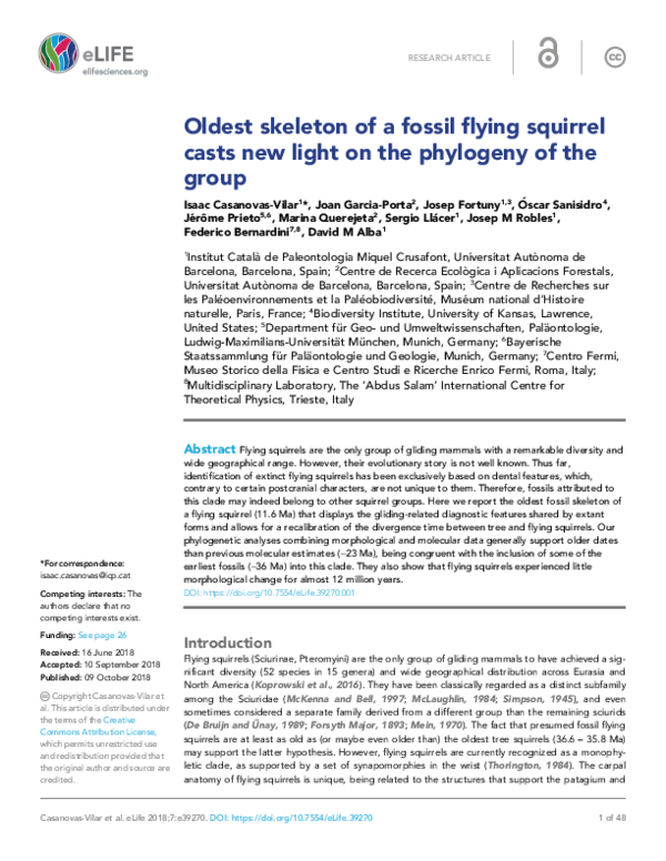 (PDF) Oldest skeleton of a fossil flying squirrel casts new light on ...