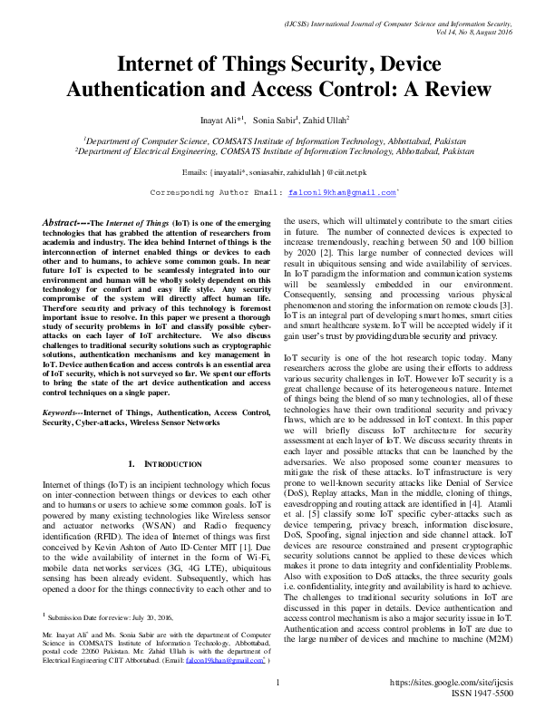 (PDF) Internet of Things Security Device Authentication and Access Control A Review