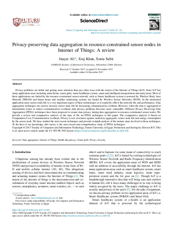 Pdf Privacy Preserving Data Aggregation In Resource Constrained Sensor Nodes In Internet Of