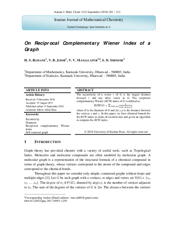 (PDF) On Reciprocal Complementary Wiener Index of a Graph