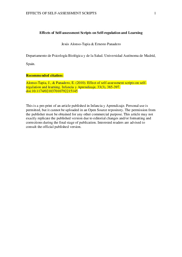 (PDF) Effects of self-assessment scripts on self-regulation and learning