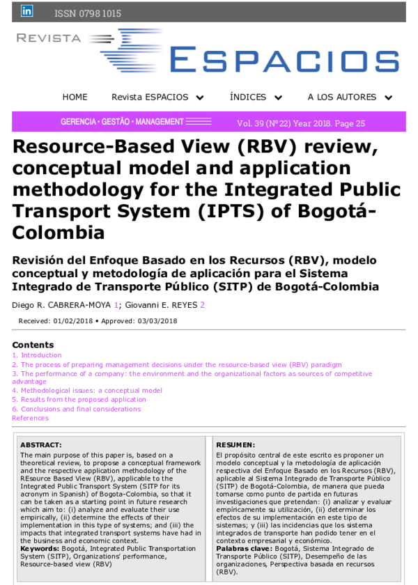 (PDF) Resource-Based View (RBV) review, Conceptual Model and Application Methodology for the ...