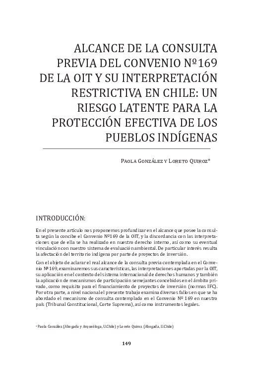 (PDF) Alcance de la Consulta Previa Convenio 169 y su interpretaciónrestricitva en Chile.pdf