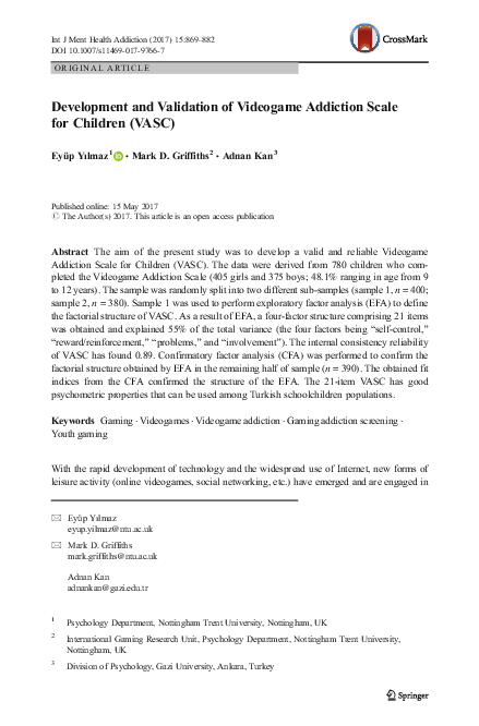 (PDF) Development and Validation of Videogame Addiction Scale for Children (VASC)