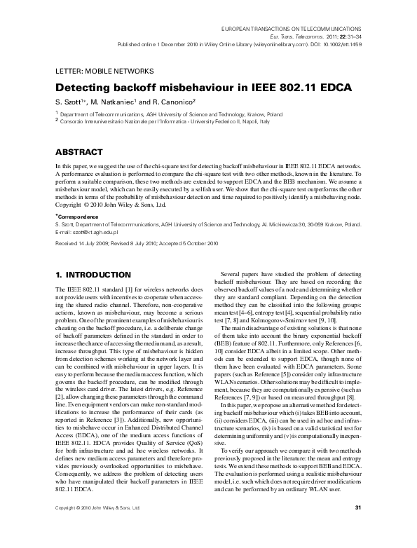 (PDF) Detecting backoff misbehaviour in IEEE 802.11 EDCA