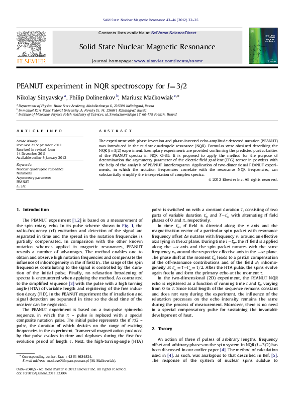 (PDF) PEANUT experiment in NQR spectroscopy for I ¼3/2