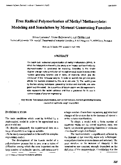 (PDF) Free Radical Polymerization of Methyl Methacrylate: Modeling and ...