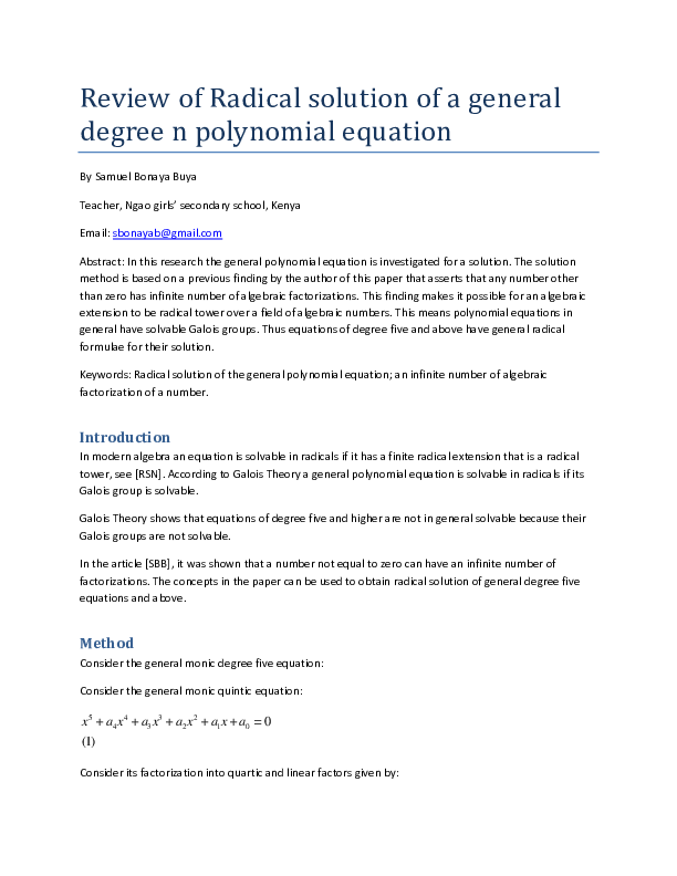 (PDF) Review of Radical solution of a general degree n polynomial equation