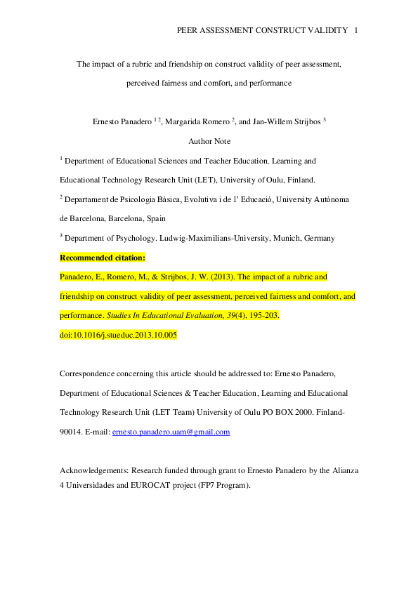 (PDF) The impact of a rubric and friendship on peer assessment: Effects on construct validity ...