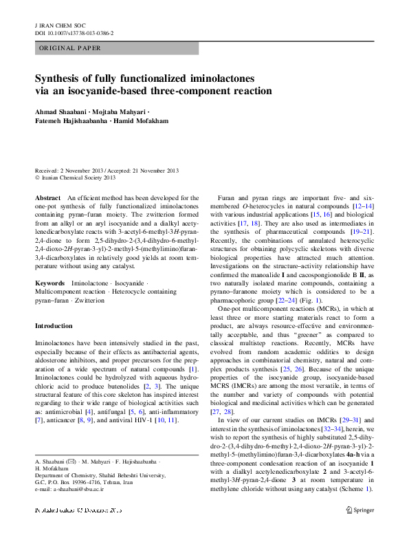 (PDF) Synthesis of fully functionalized iminolactones via an isocyanide-based three-component ...