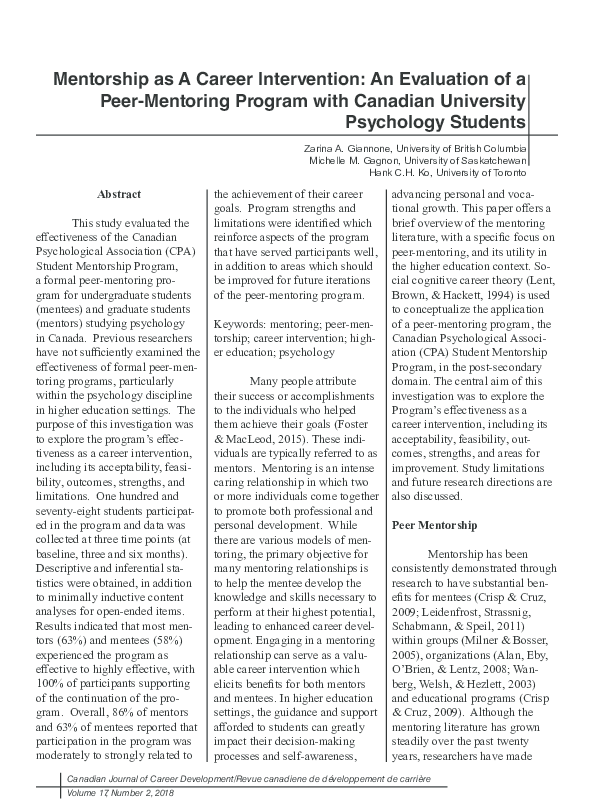 (PDF) Mentorship as A Career Intervention: An Evaluation of a Peer-Mentoring Program with ...