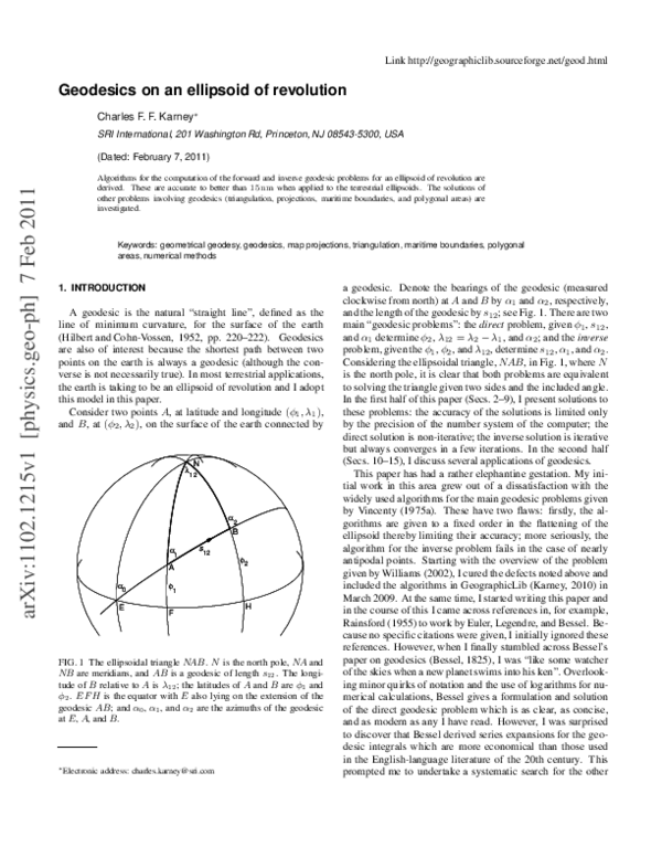 (PDF) Geodesics on an ellipsoid of revolution