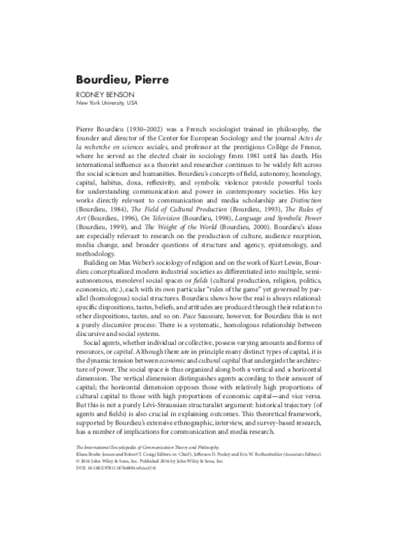 (PDF) "Pierre Bourdieu" in International Encyclopedia of Communication Theory and Philosophy