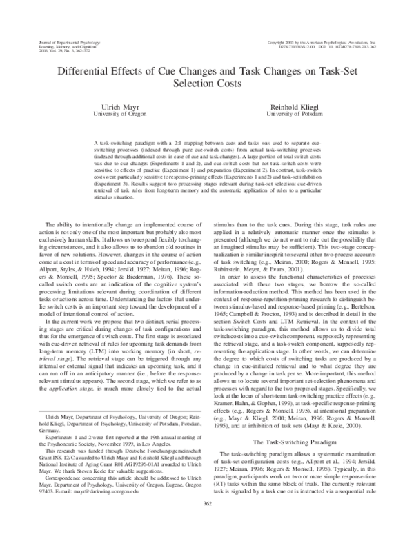 (PDF) Differential effects of cue changes and task changes on task-set selection costs.