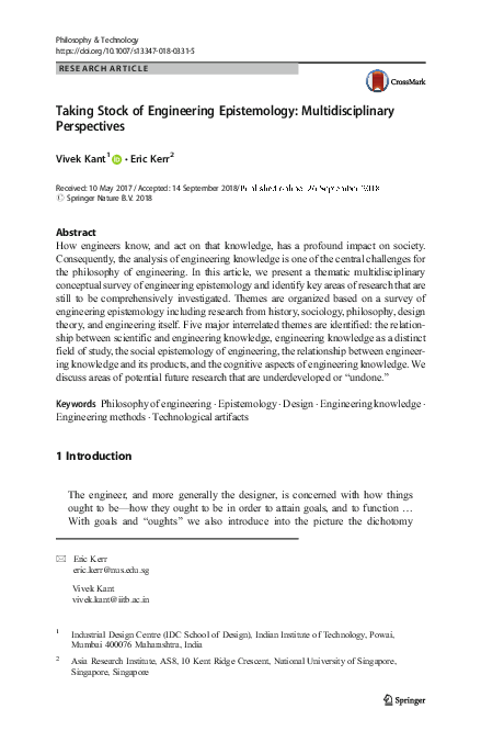 (PDF) Taking Stock of Engineering Epistemology: Multidisciplinary Perspectives