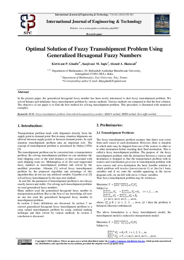 Pdf Optimal Solution Of Fuzzy Transshipment Problem Using Generalized Hexagonal Fuzzy Numbers 