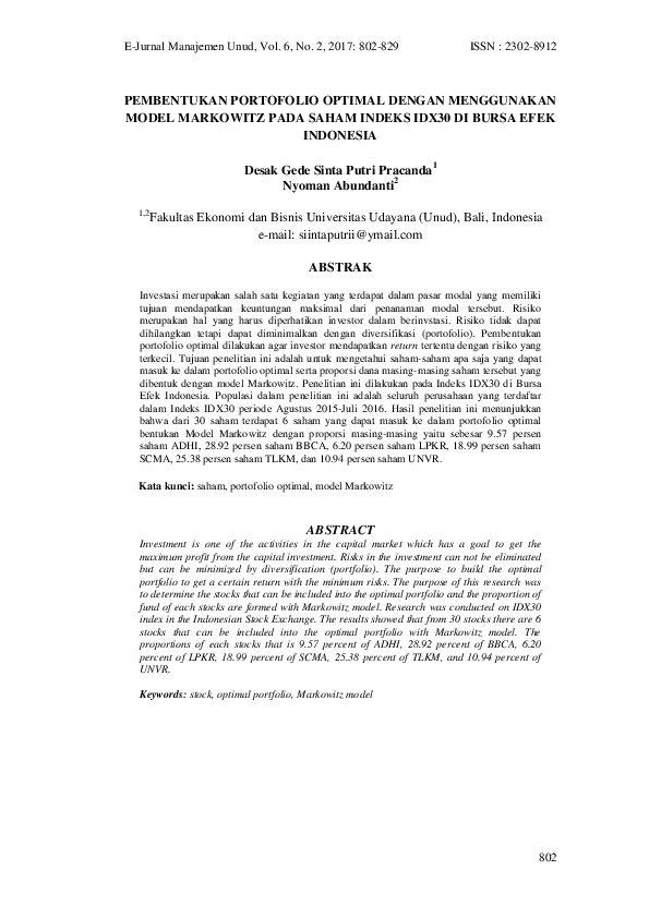 Pdf Pembentukan Portofolio Optimal Dengan Menggunakan Model Markowitz Pada Saham Indeks Idx30