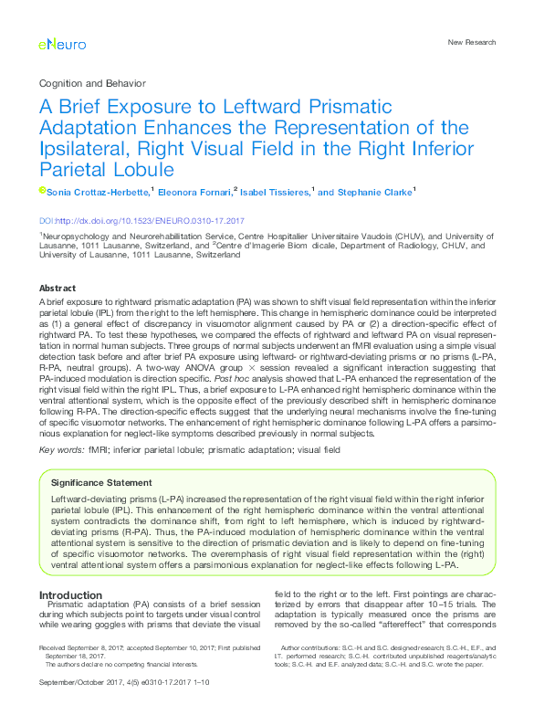(PDF) A Brief Exposure to Leftward Prismatic Adaptation Enhances the Representation of the ...