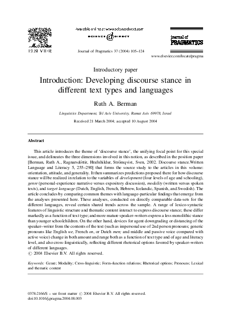 (PDF) Introduction: Developing discourse stance in different text types ...