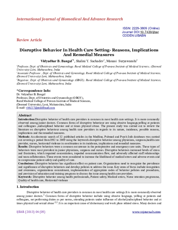 (PDF) Disruptive Behavior In Health Care Setting-Reasons, Implications ...