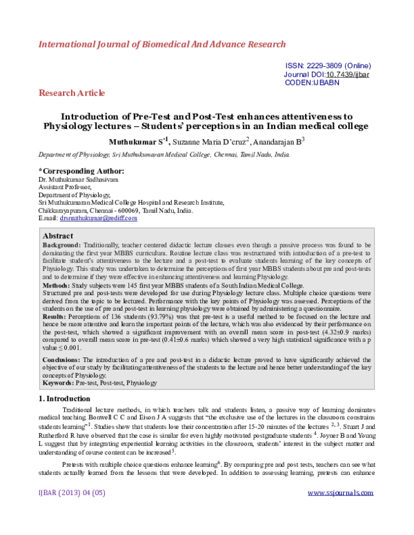 (PDF) Introduction of Pre-Test and Post-Test enhances attentiveness to ...