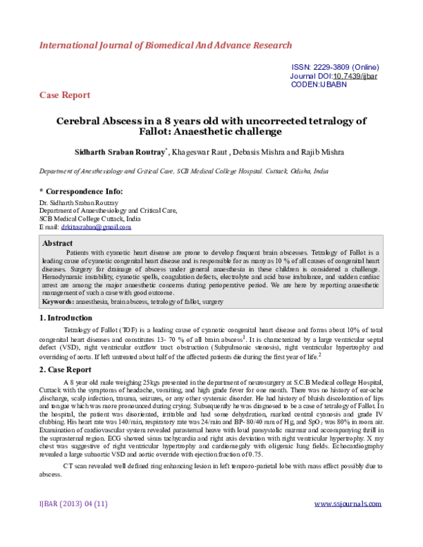 (PDF) Cerebral Abscess in a 8 years old with uncorrected tetralogy of Fallot: Anaesthetic ...