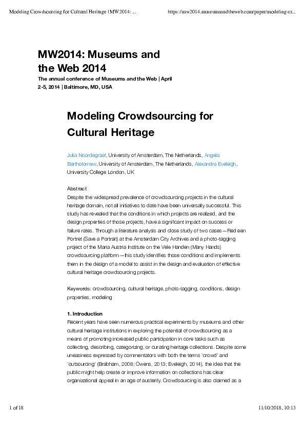 (PDF) "Modeling Crowdsourcing for Cultural Heritage", Museums & the Web ...