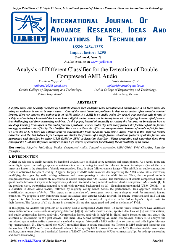 (PDF) Analysis of Different Classifier for the Detection of Double Compressed AMR Audio