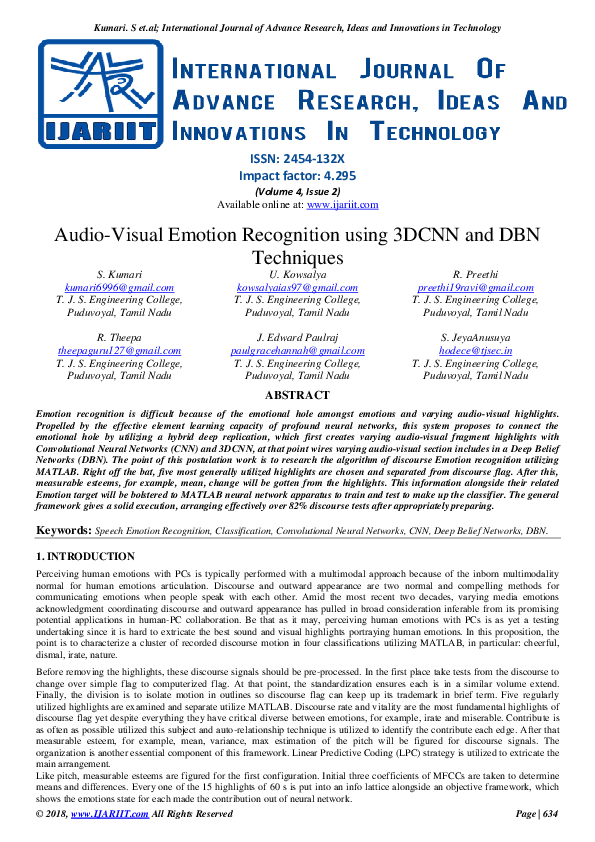 Pdf Audio Visual Emotion Recognition Using 3dcnn And Dbn Techniques