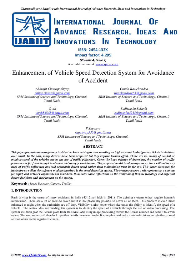 (PDF) Enhancement of Vehicle Speed Detection System for Avoidance of ...