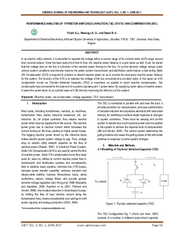 (PDF) PERFORMANCE ANALYSIS OF THYRISTOR-SWITCHED CAPACITOR (TSC) STATIC VAR COMPENSATOR (SVC