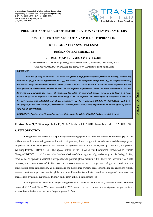 Pdf Prediction Of Effect Of Refrigeration System Parameters On The Performance Of A Vapour