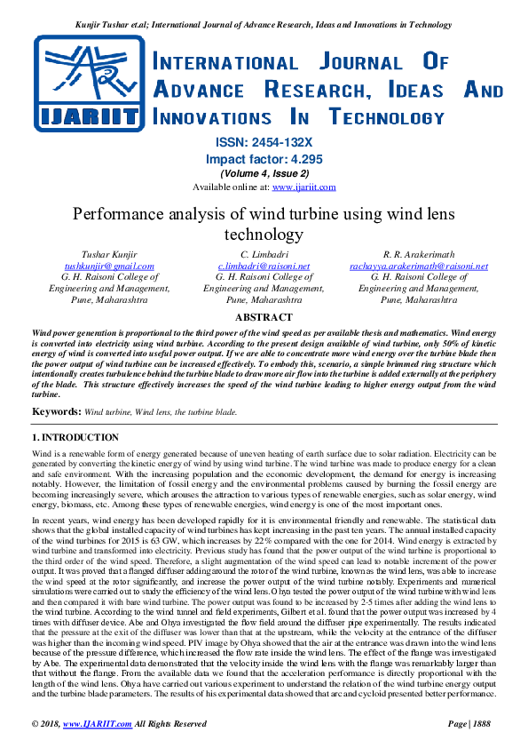 (PDF) Performance analysis of wind turbine using wind lens technology