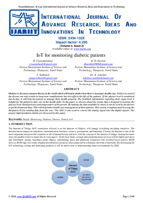 (PDF) IoT for monitoring diabetic patients