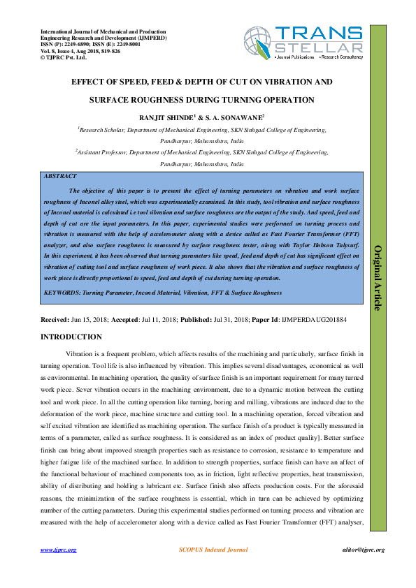 Pdf Effect Of Speed Feed And Depth Of Cut On Vibration And Surface Roughness During Turning
